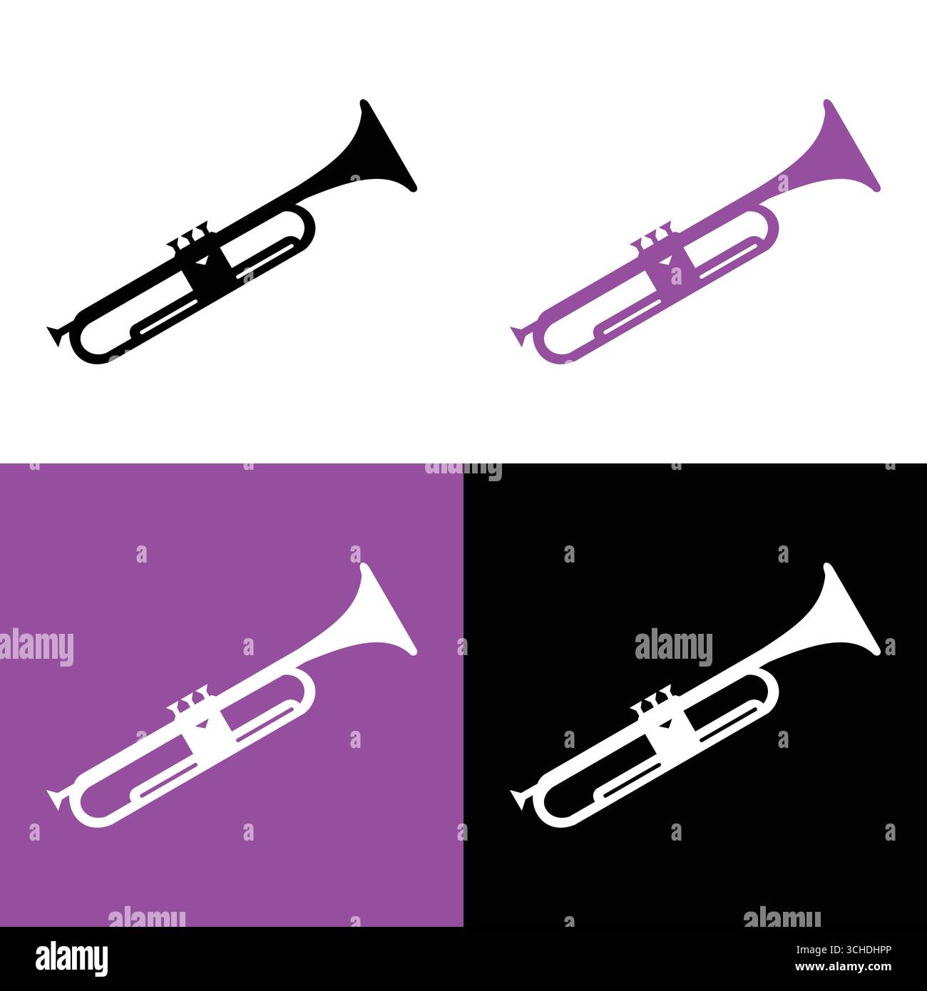 Trumpet Musical Instrument Silhouette Vector Set in black, purple and ...