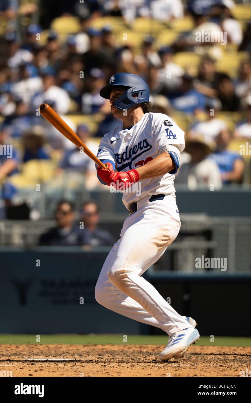 Los Angeles Dodgers' Alex Freeland bats during a baseball game against ...