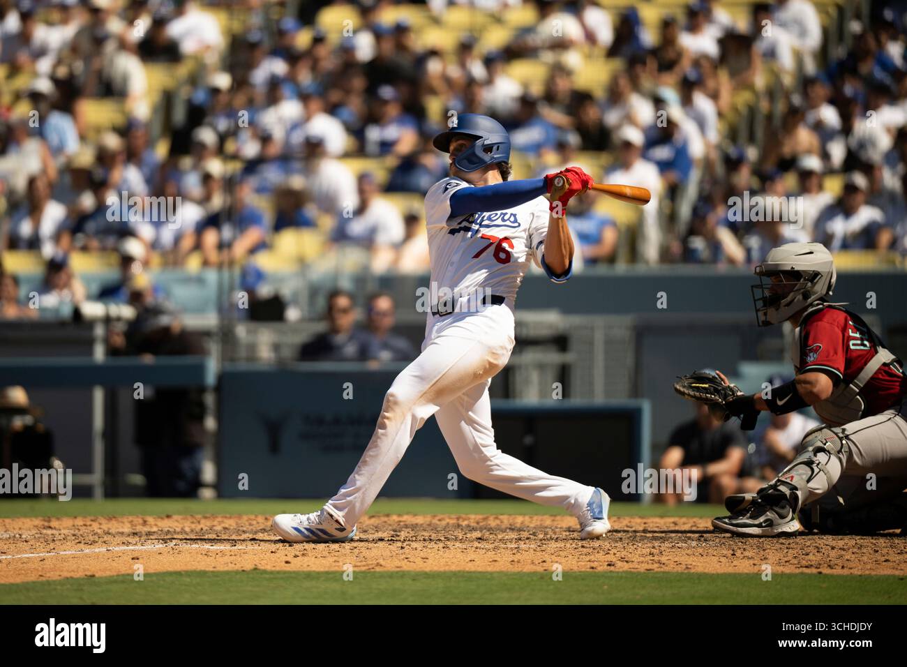 Los Angeles Dodgers' Alex Freeland bats during a baseball game against ...