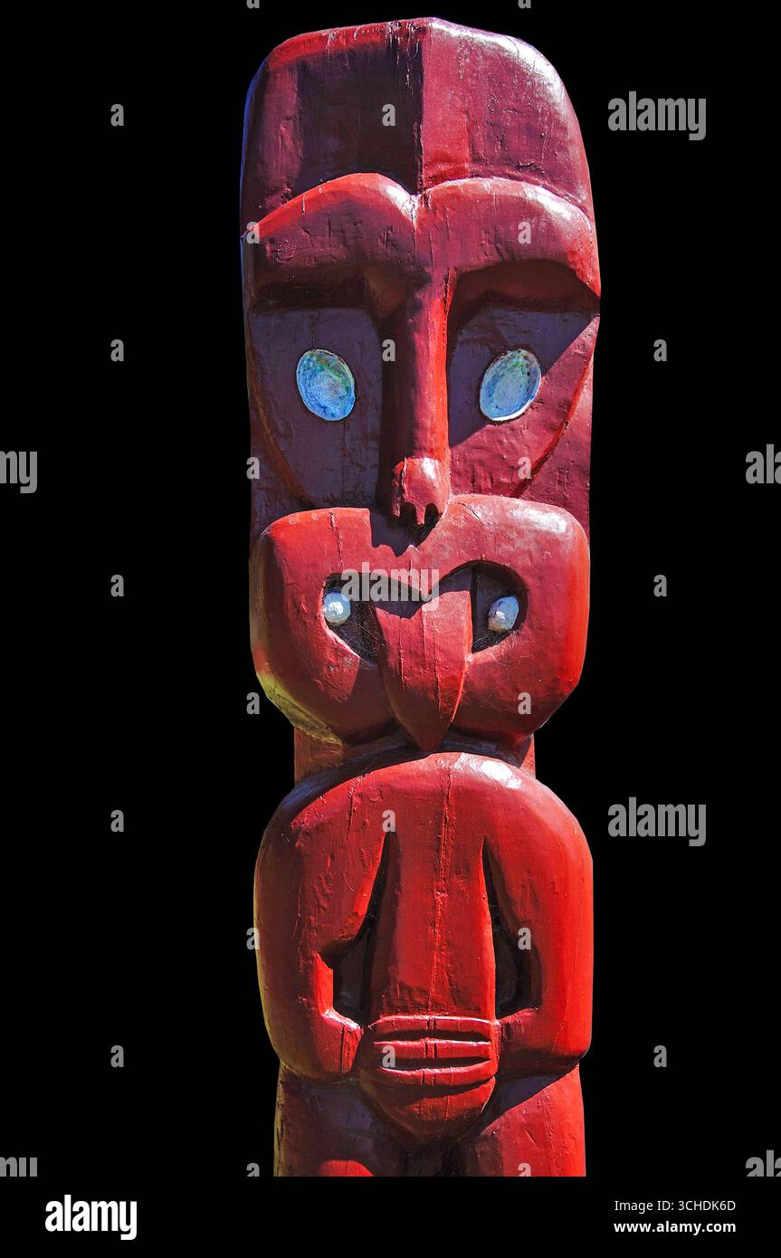 Maori carving outside Onuku Church, Onuku, near Akaroa, Akaroa Harbour ...