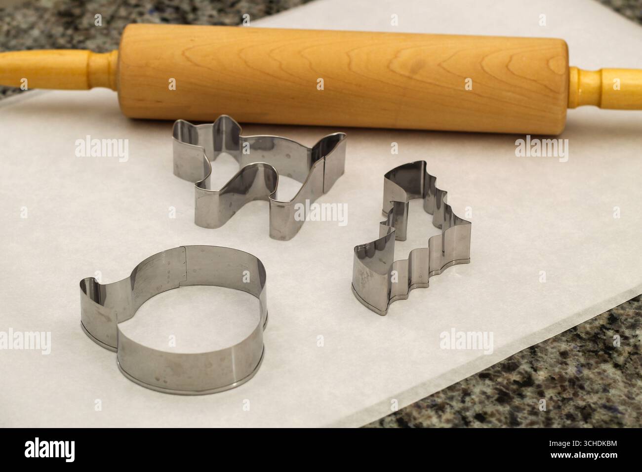 Rolling Pin and Halloween Cookie Cutters on Kitchen Counter Stock Photo ...