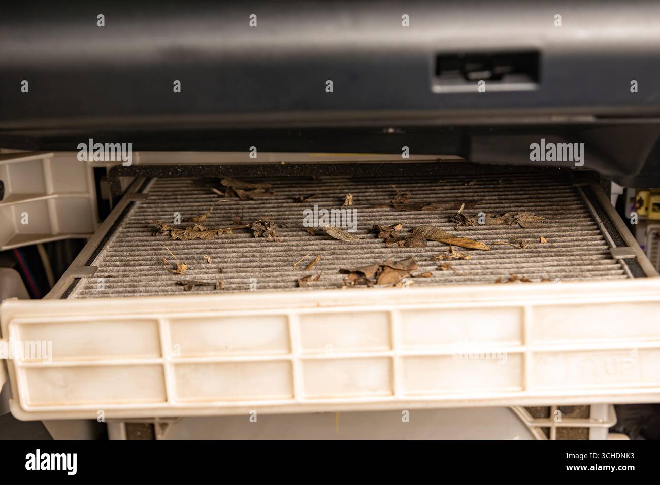 A heavily clogged cabin air filter removed from the vehicle's HVAC ...