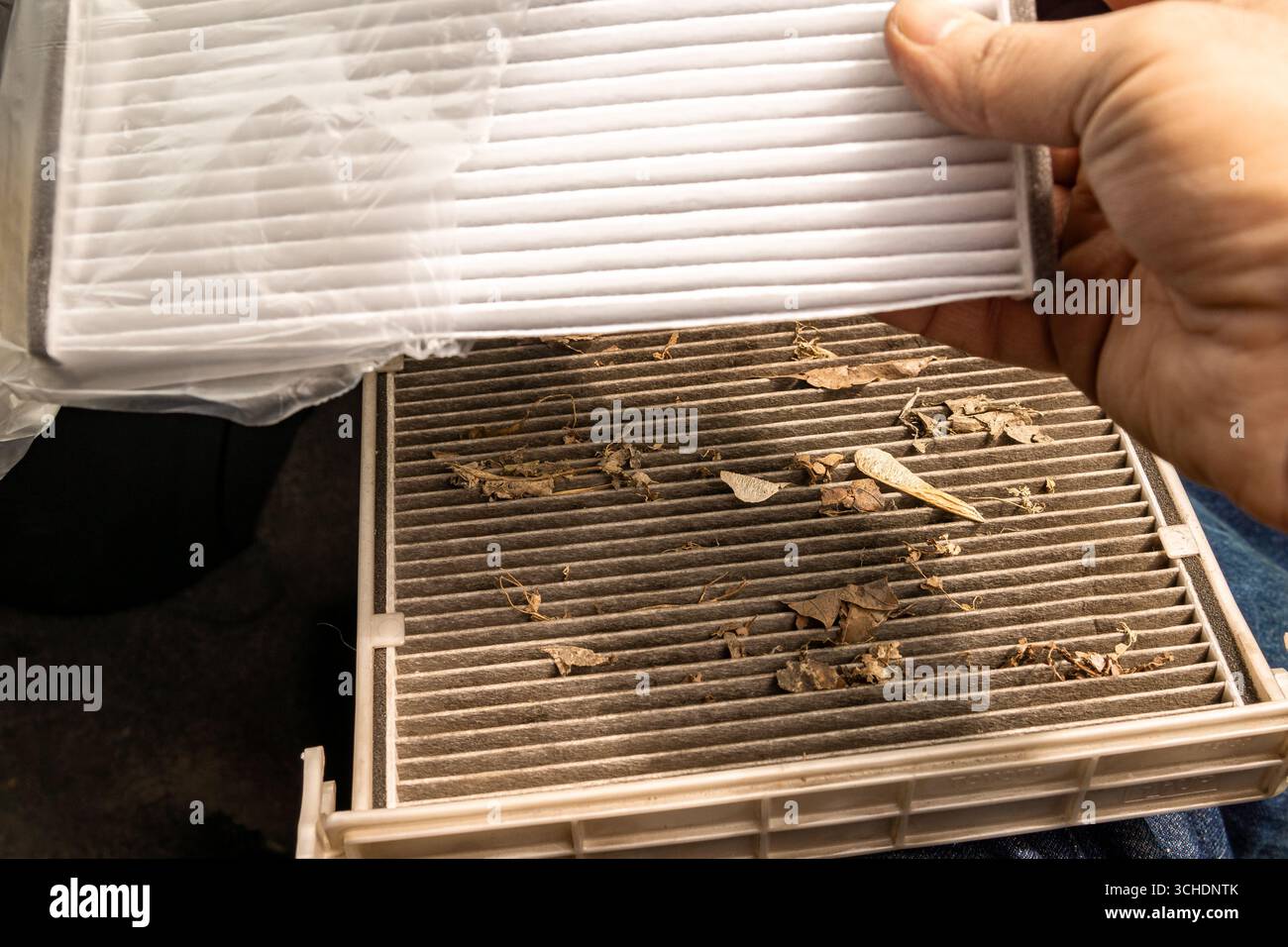 Clean new cabin air filter being taken out of its plastic wrapping ...