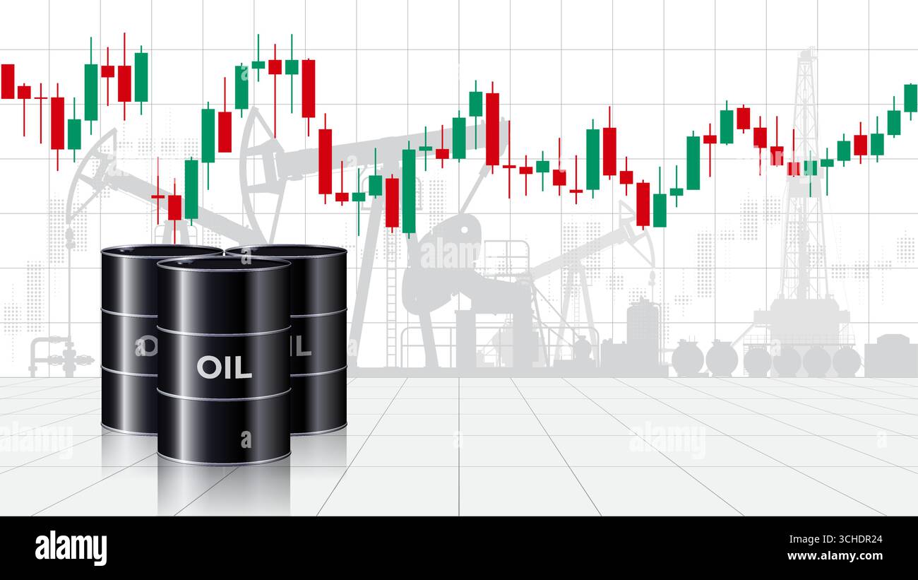 Oil price chart per barrel. Crude oil barrels on industrial sketch background. Stock market ...