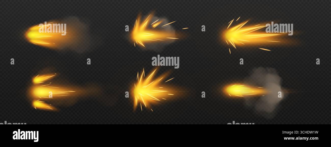 Orange fire effects from gun blast with glowing sparks and smoke trails ...