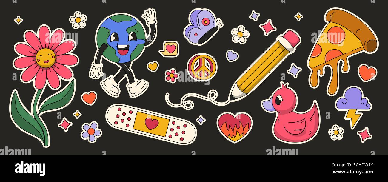 Retro groovy stickers set with daisy flower, earth character, butterfly ...