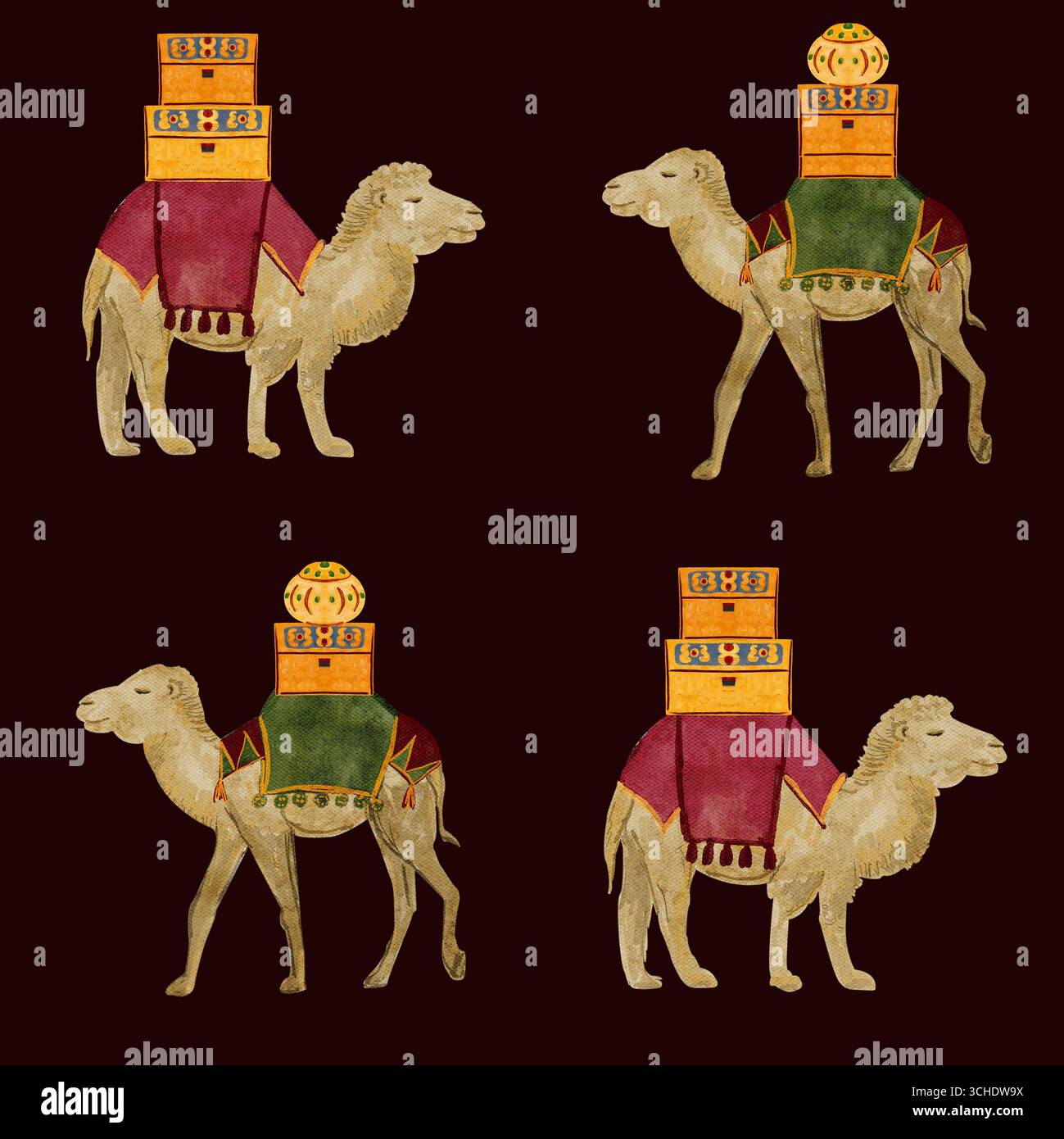 Camels with decorated saddles and oriental chests. Seamless watercolor ...