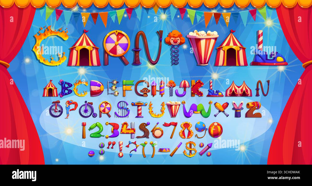 Cartoon retro carnival typeface and circus font for entertainment ...