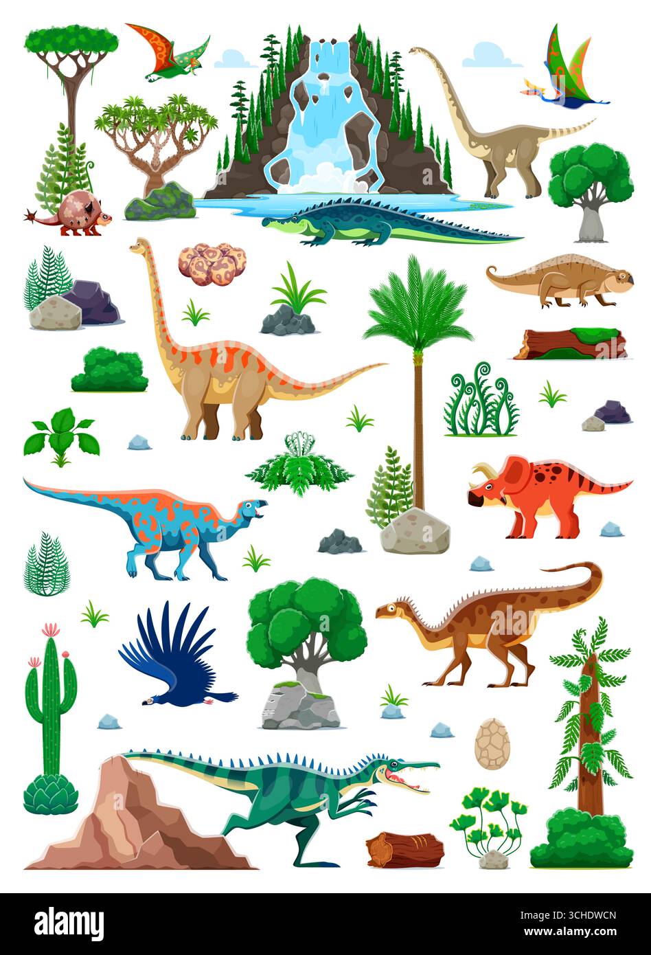Prehistoric era landscape plants and dinosaur characters, dino eggs ...