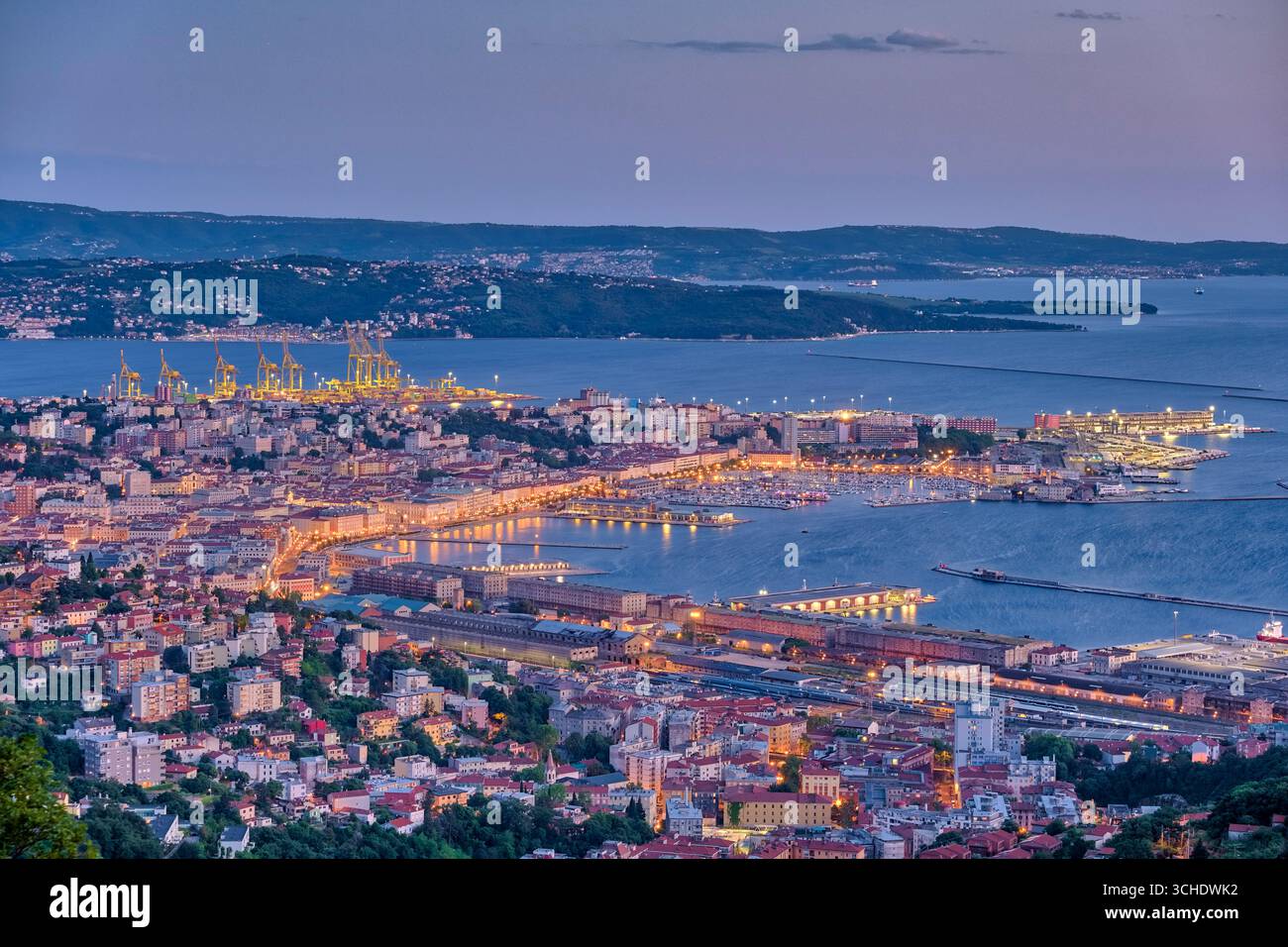 Aerial view of the houses, the marina, and the cranes of the overseas ...