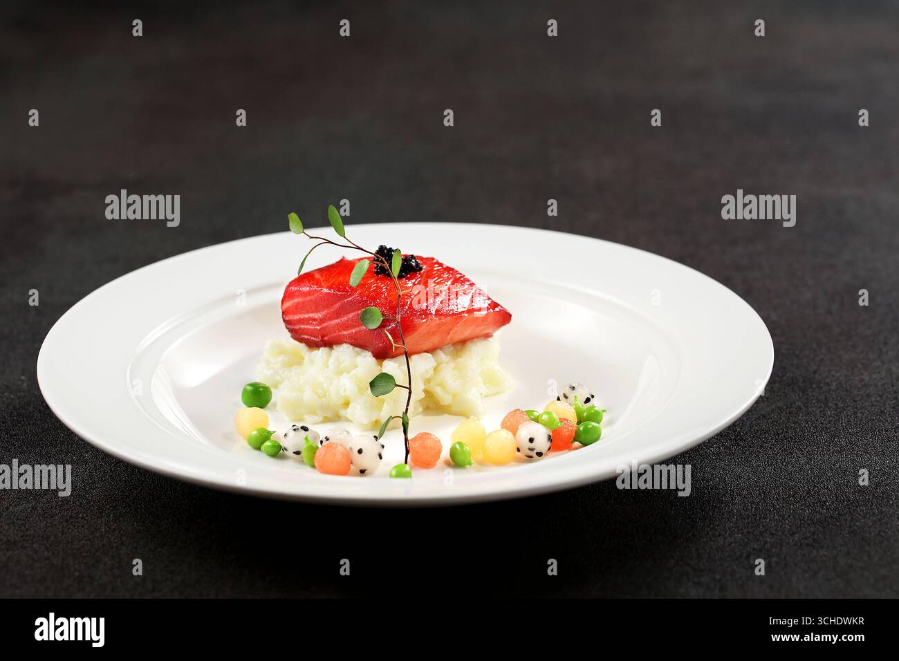 Charcoal-Grilled Black Cod with Caviar on Mashed Potato Stock Photo - Alamy