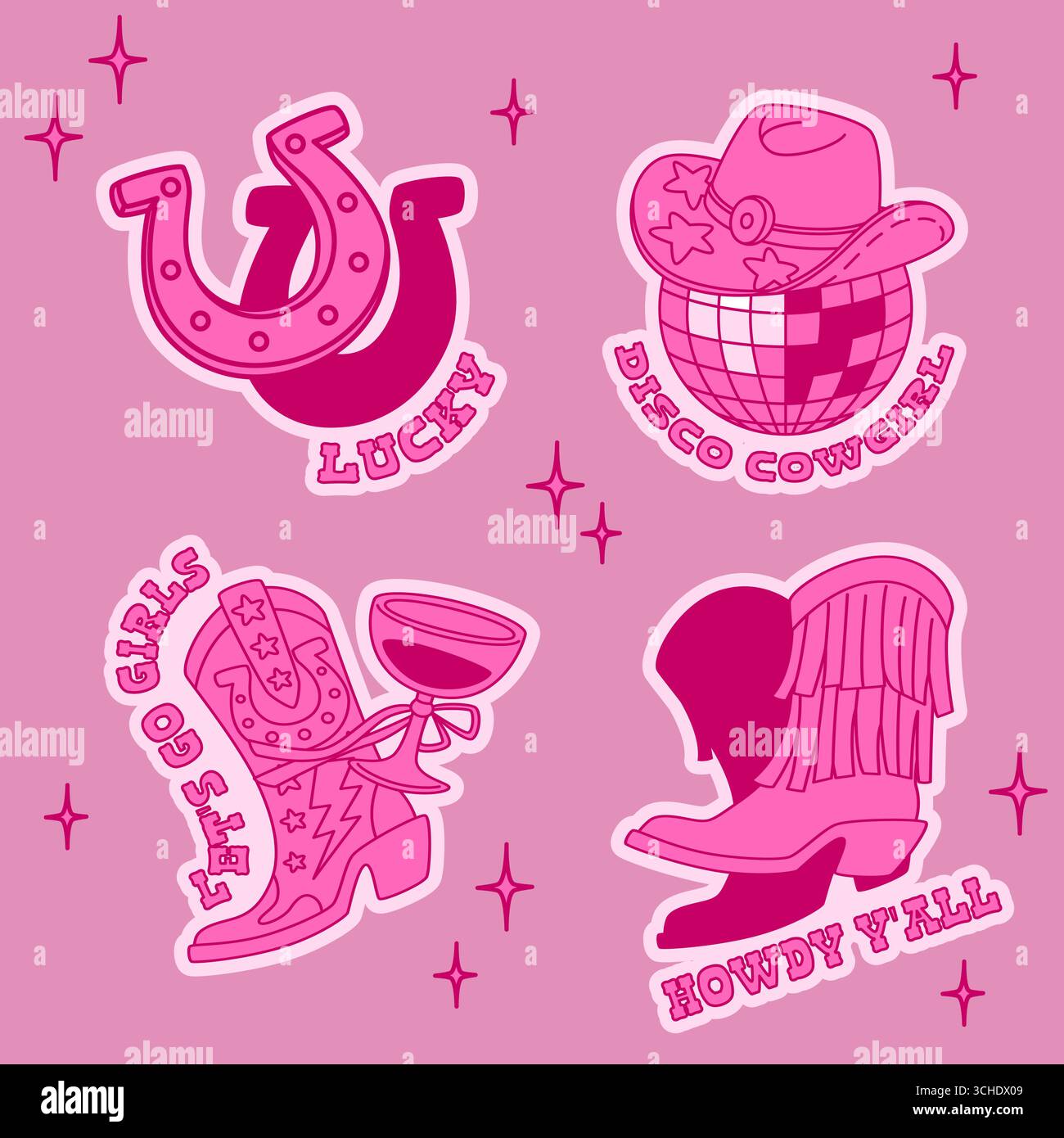 Pink disco cowgirl sticker set with horseshoe, hat on mirrorball, boot ...