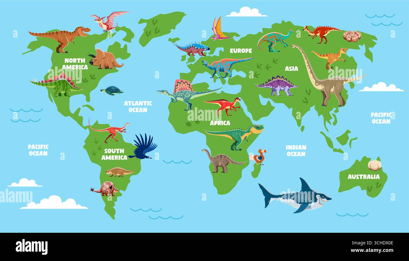 Prehistoric dinosaurs map infographics. Vector educational world map ...