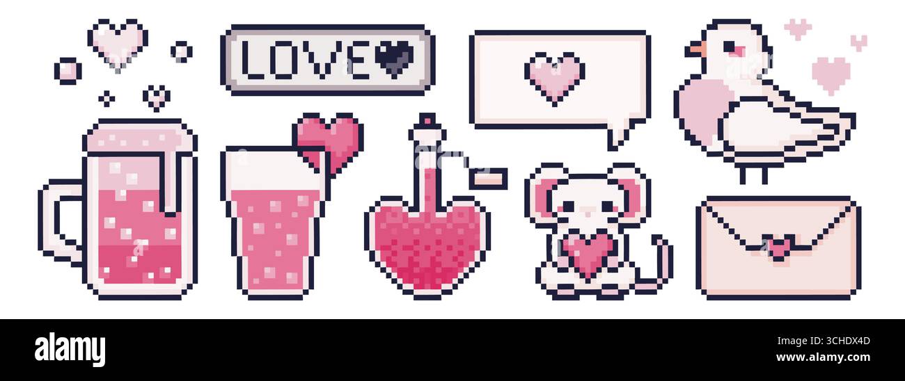Pixel Valentine day retro sprites with love banner, pink drinks and ...