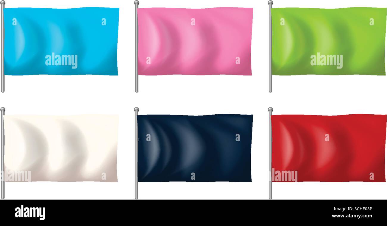 Vector illustration of six vibrant flags, realistic shading, isolated ...