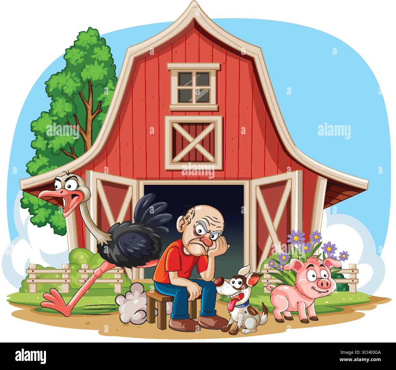Cartoon vector of grumpy farmer on stool with ostrich, dog, and pig by ...