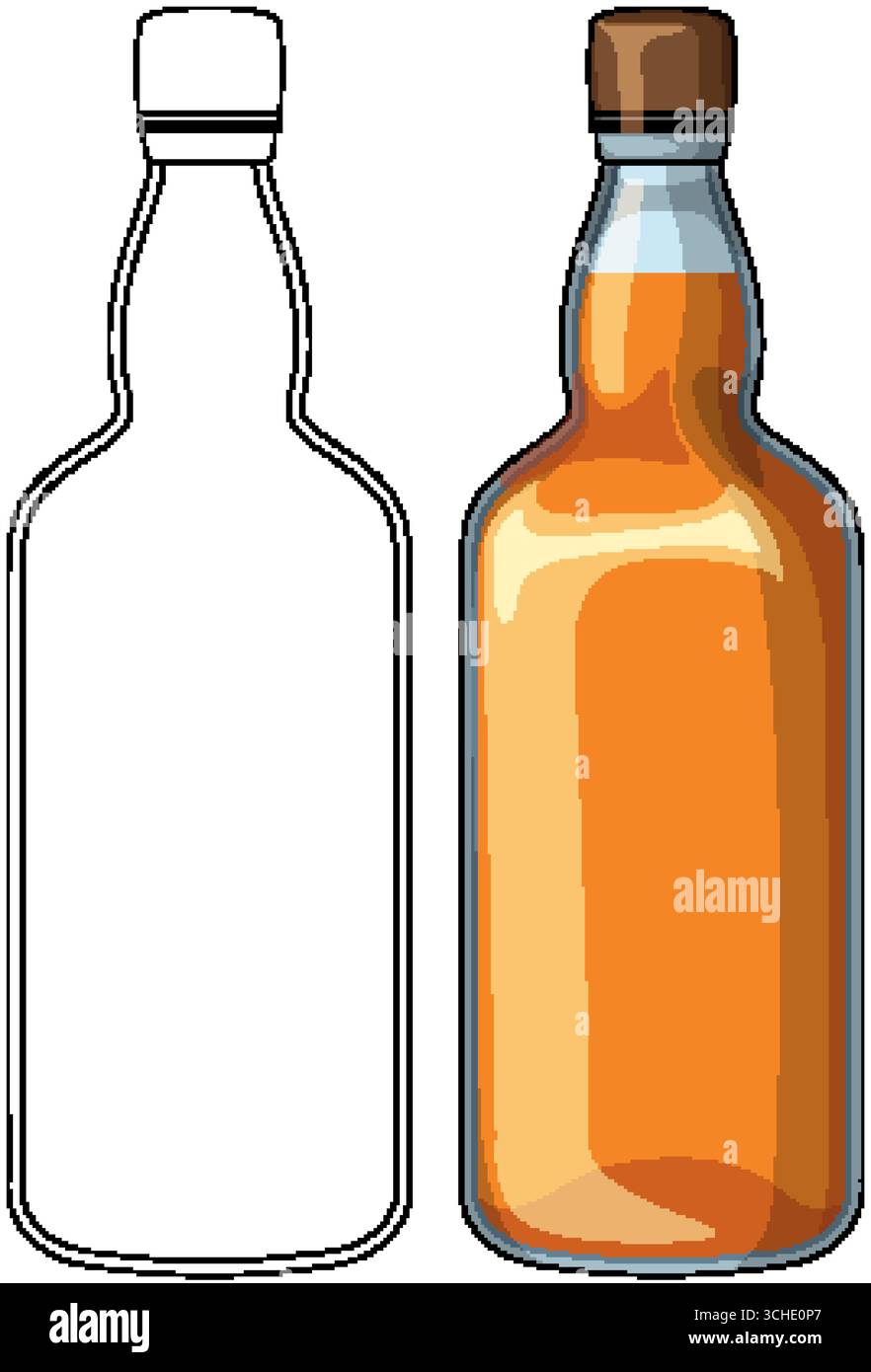 Stylized vector whisky bottle with colored and outline versions, clean ...