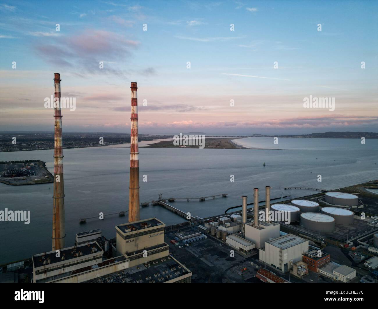 Aerial view of the Poolbeg Generating Station's iconic red and white ...
