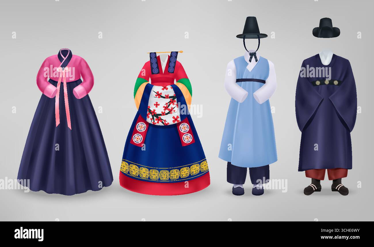 Realistic Korean Hanbok Traditional Clothes and Element Original ...