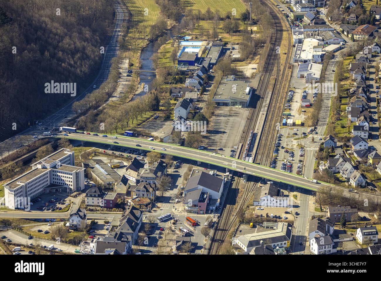 Aerial view, road bridge Warsteiner Strasse federal road B55 over ...
