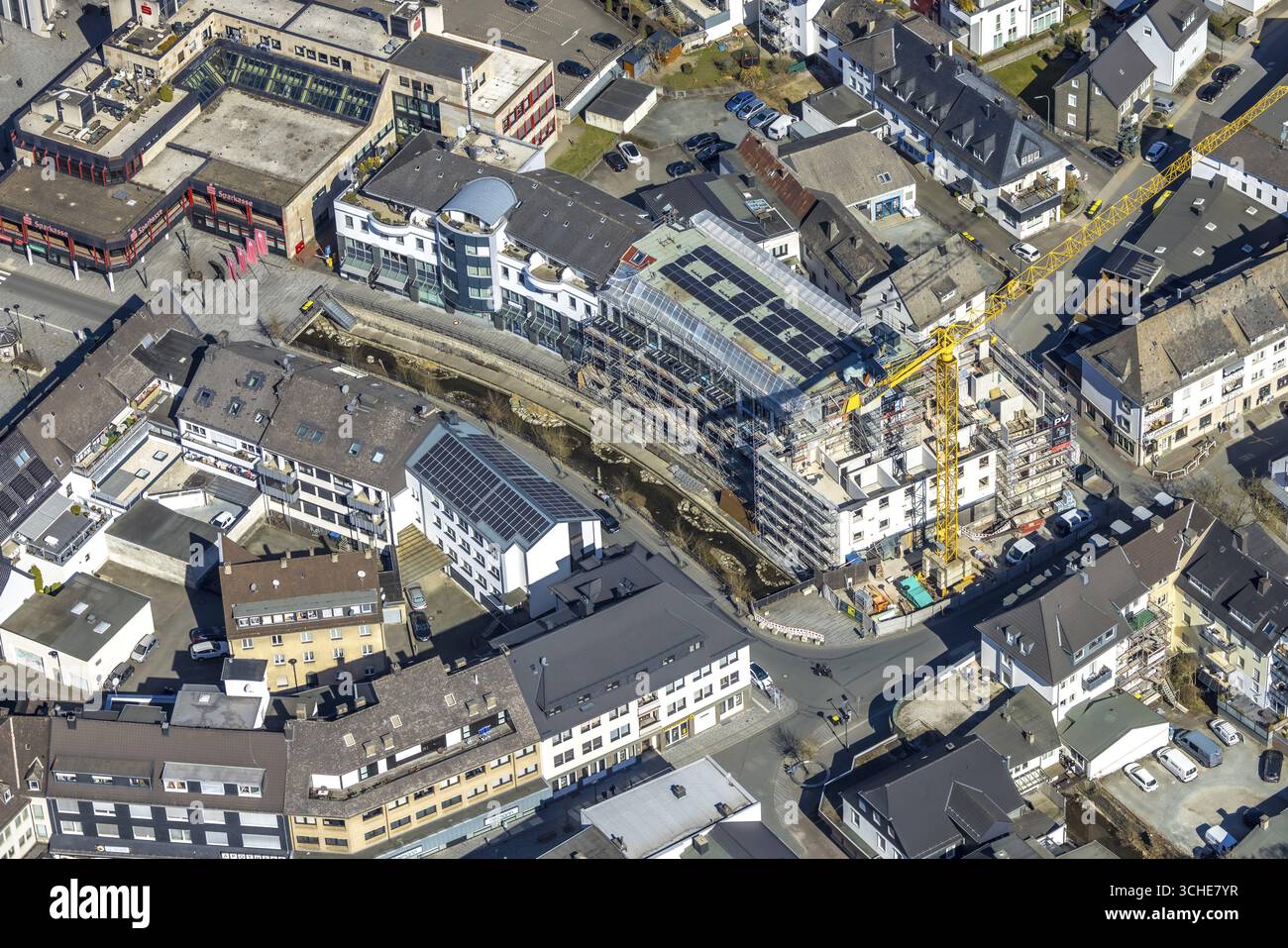 Aerial view, construction site with construction crane at Winziger ...