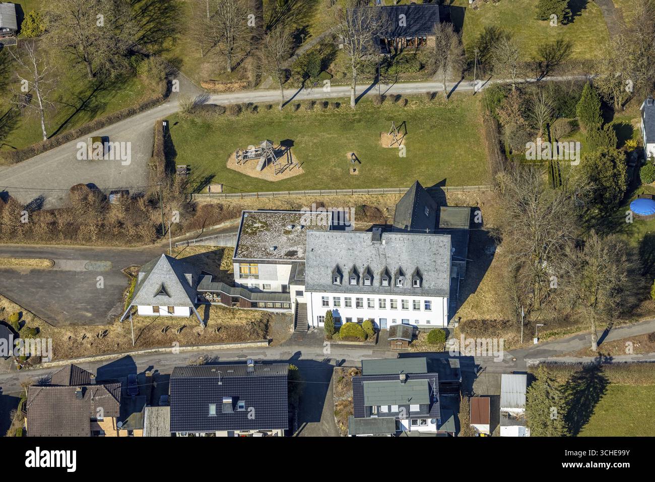 Aerial view, Alte Schule Hochstrasse and playground Rahrbach, Rahrbach ...