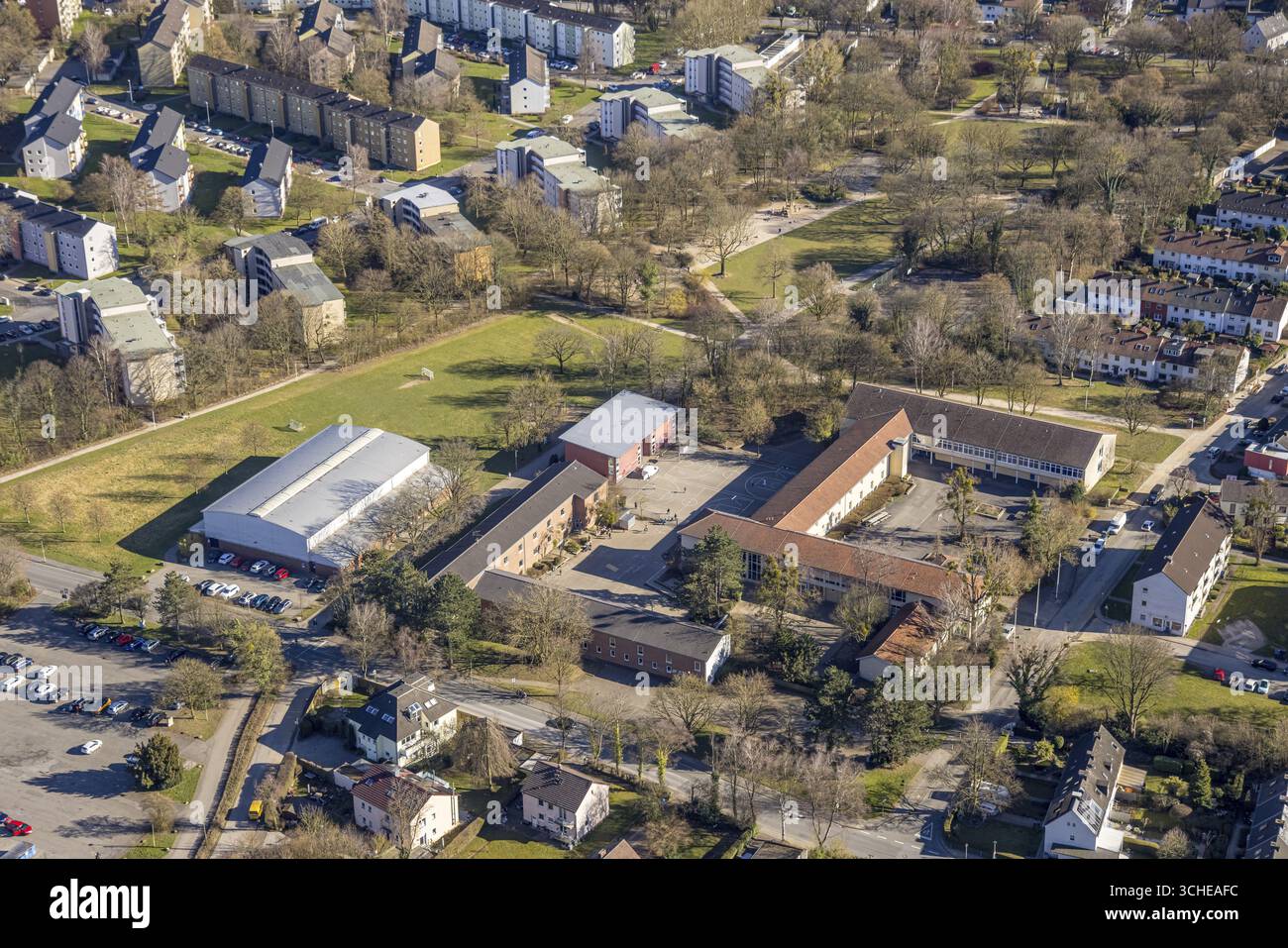Aerial view, Rahel-Varnhagen-Kolleg and large Emst gymnasium, Emst ...