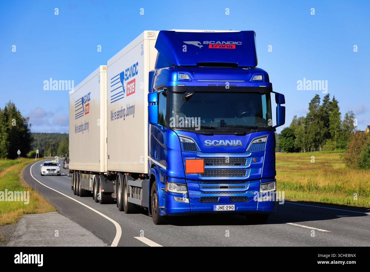 Blue Scania R530 truck pulls FRC refrigerated trailer in highway ...