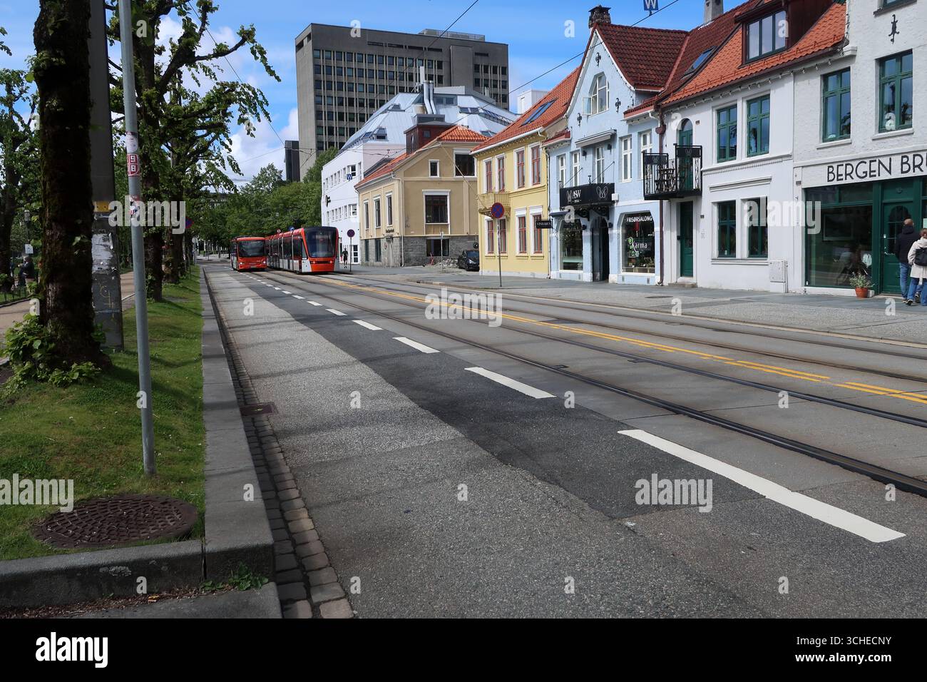 Bergen Light Rail system (Bybanen) along Kaigarten in the city centre ...
