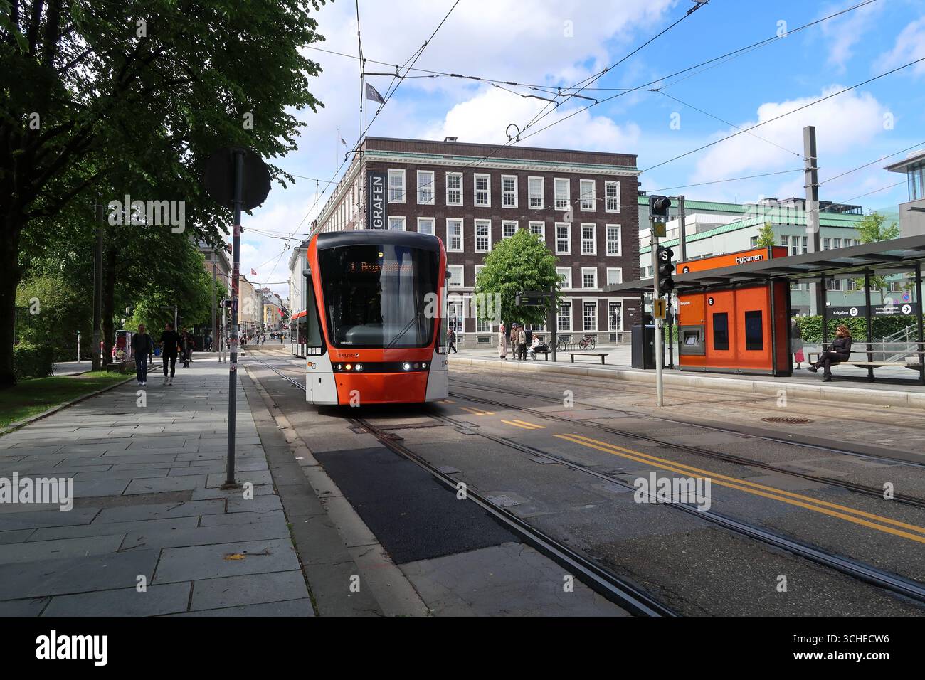 Bergen Light Rail system (Bybanen) along Kaigarten in the city centre ...