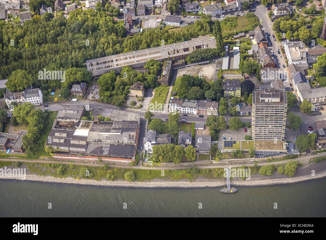 Aerial view, river Rhine and Hotel Rheingarten high-rise, abandoned ...