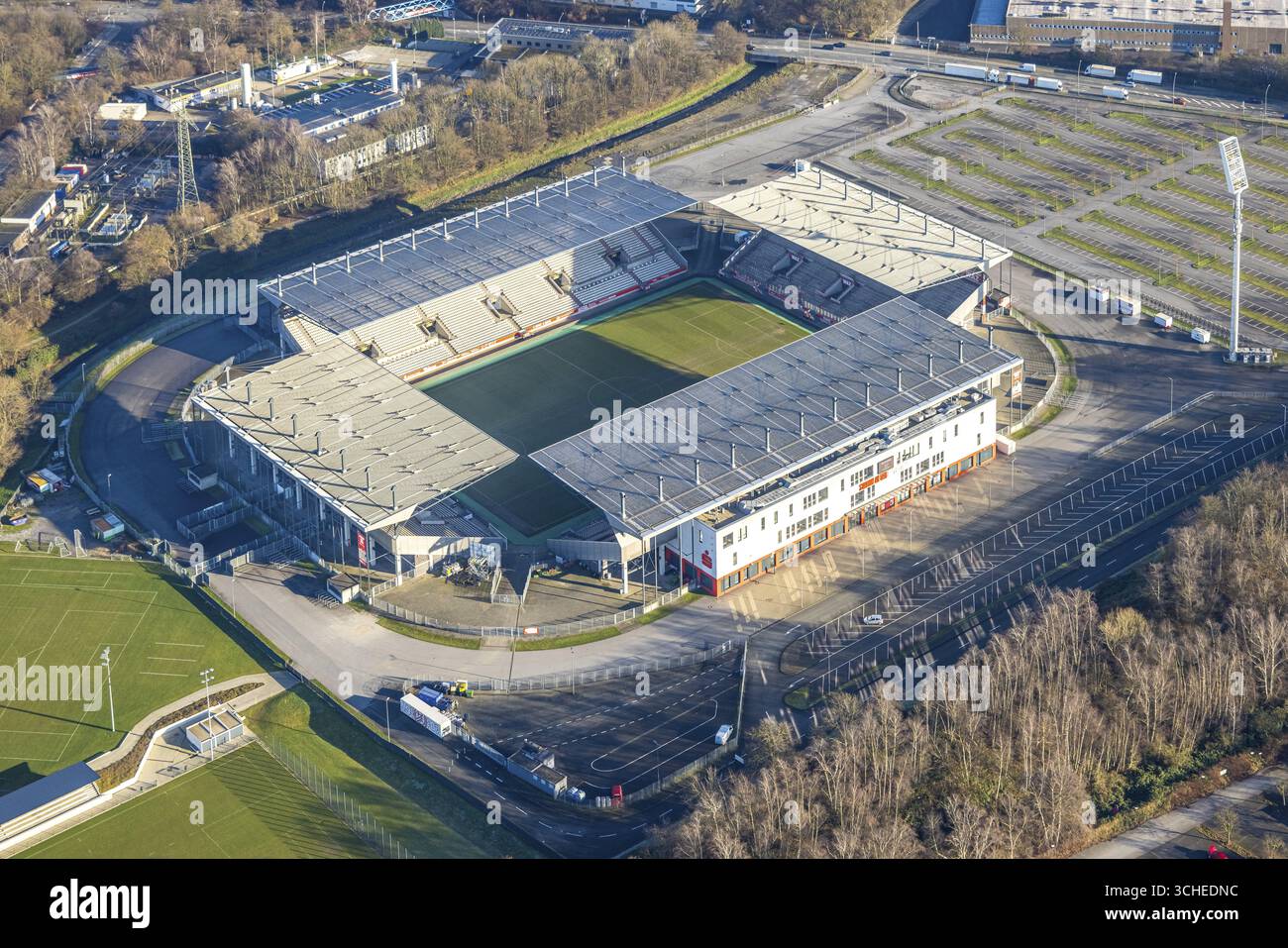 Aerial view, football stadium at the Hafenstrasse of the club Rot-Weiss ...