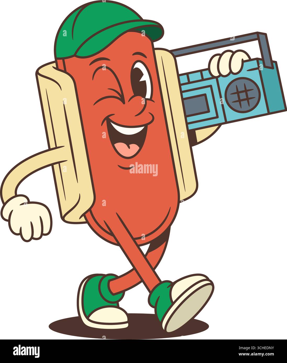 Playful hotdog mascot with confident wink and boombox over shoulder ...