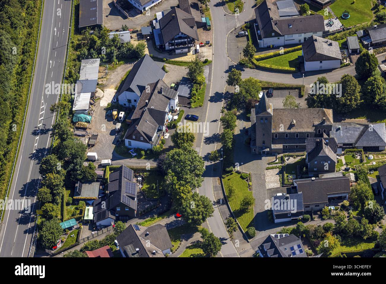 Aerial view, parish church of St Lucia, Oberveischede, Olpe, Sauerland ...
