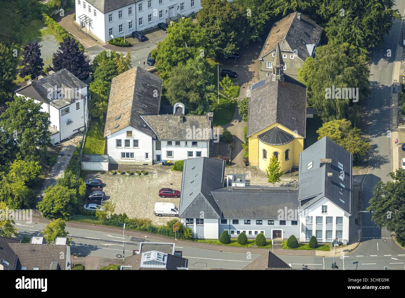 Aerial view, Christuskirche and parish hall, HSK music school, Meschede ...
