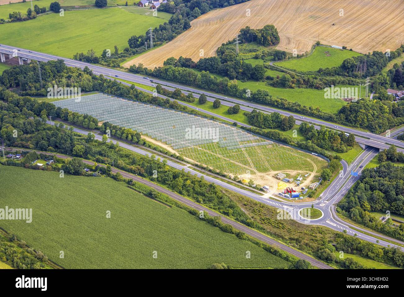 Aerial view, field with construction site for ground-mounted ...