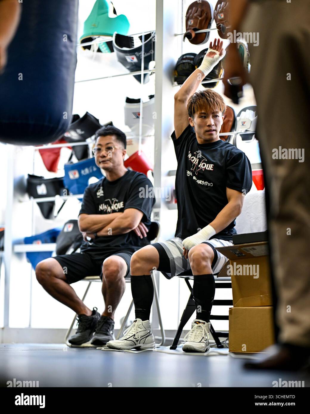 Naoya Inoue (right) of Japan and father Shingo Inoue during a public ...