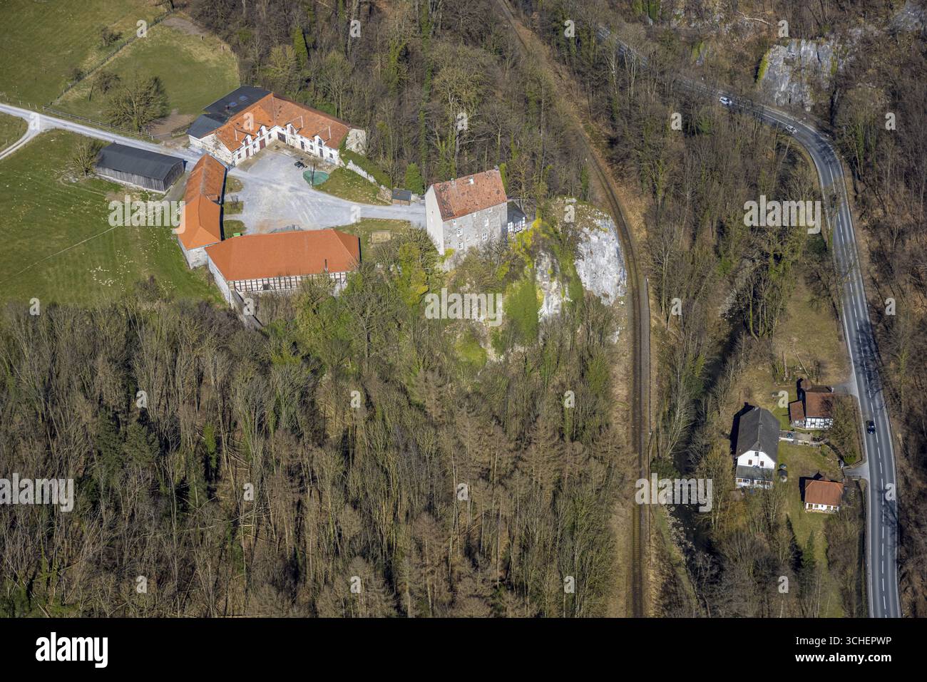 Aerial view, Klusenstein Castle on a cliff in the Hoenn Valley ...