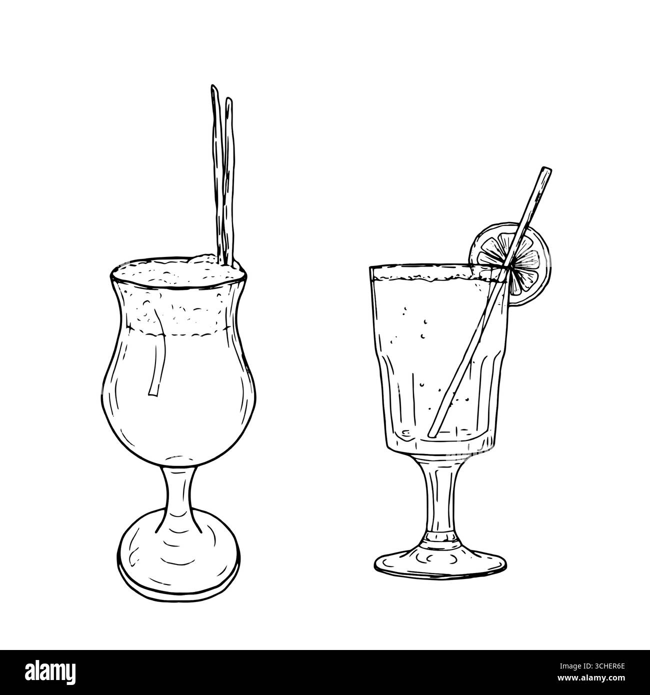 Martini glass on thin stem with a slice of lime, black and white ink ...