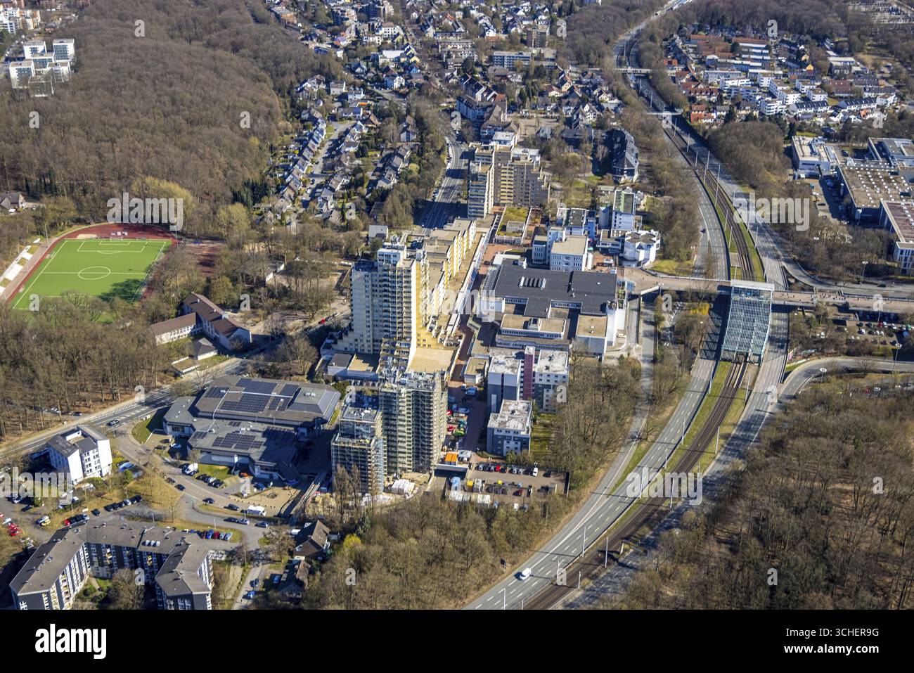 Aerial view, Unicenter high-rise building of the RUB Ruhr University ...
