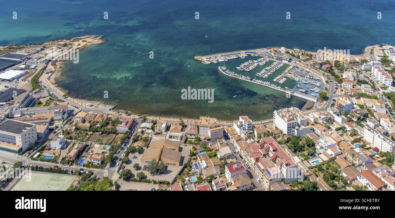 Aerial view, Cala Gamba bay and harbour, Palma, Majorca, Balearic ...
