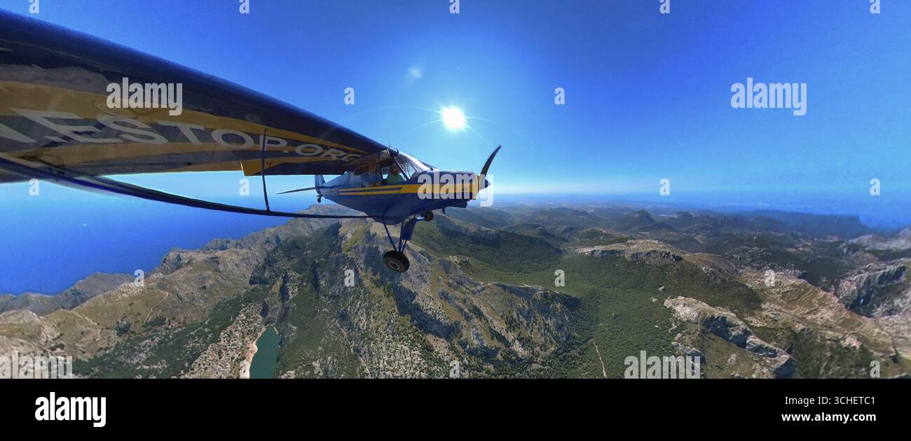 Aerial photograph, fisheye lens shot with aeroplane, Piper PA18 over ...