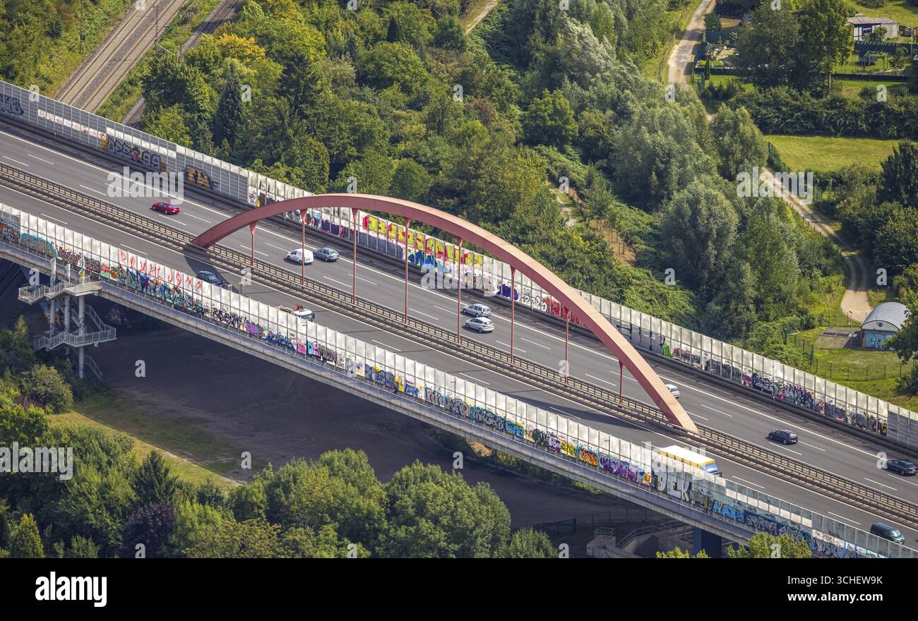 Aerial view, motorway bridge of the A40 motorway over the river Emscher ...