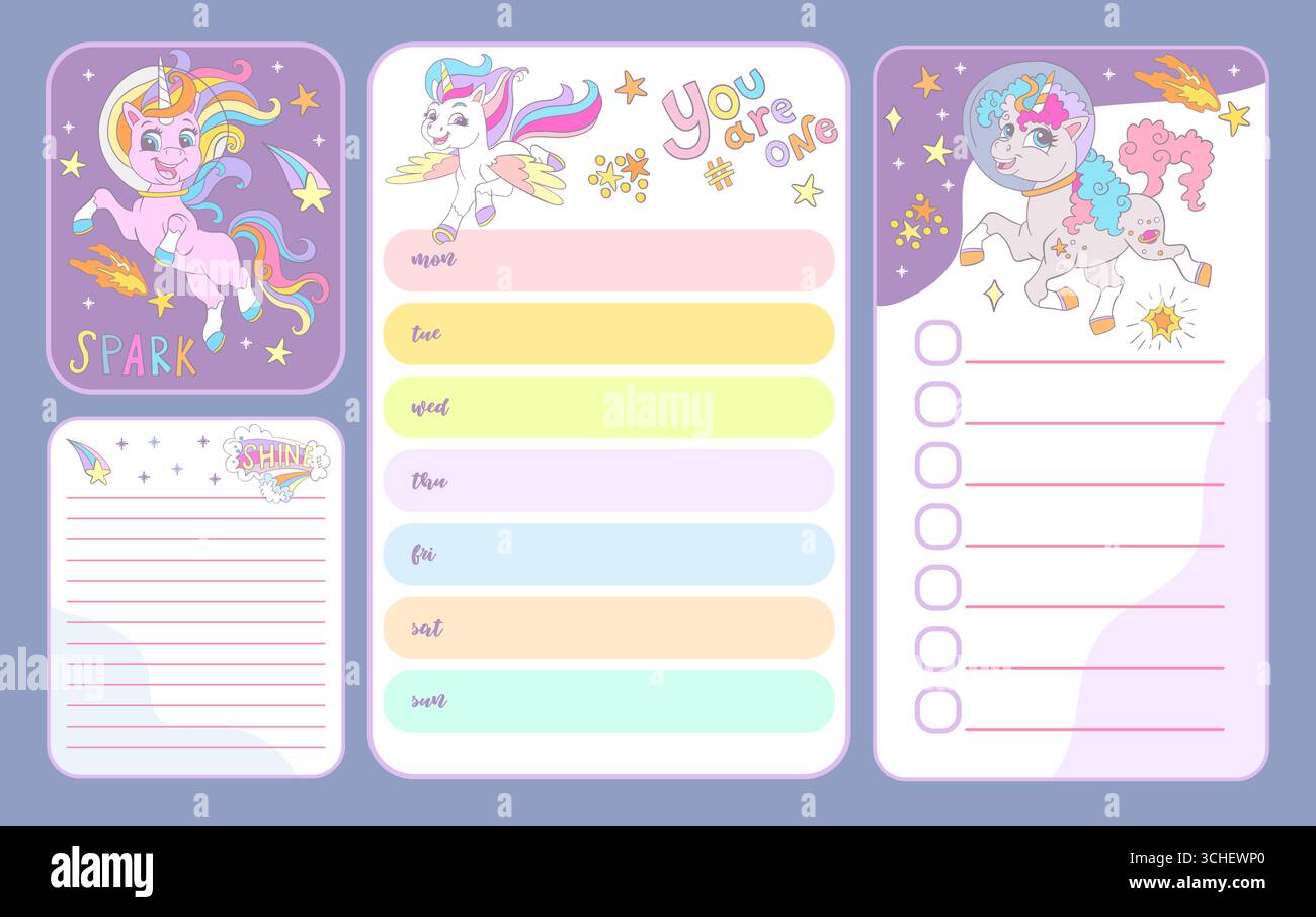 Set of to do list pages and empty notes sheets with cute space unicorns ...