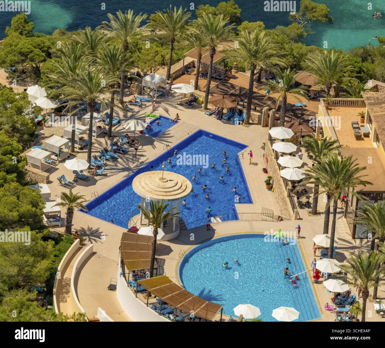 Aerial view, swimming pool at Club Robinson Cala Serena, Cala d'Or ...