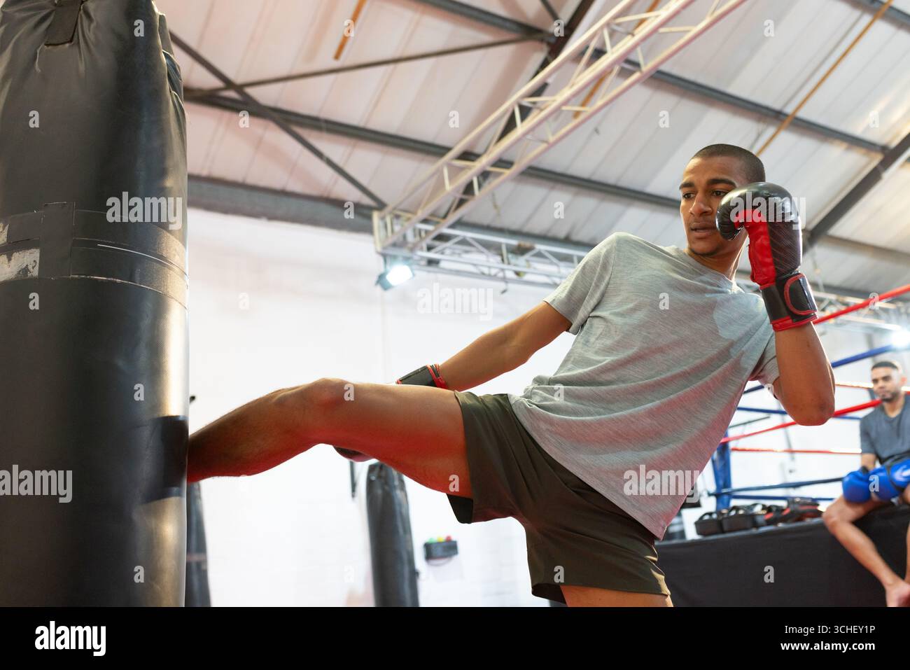 African american male partners practicing side kick on bag in gloves in ...