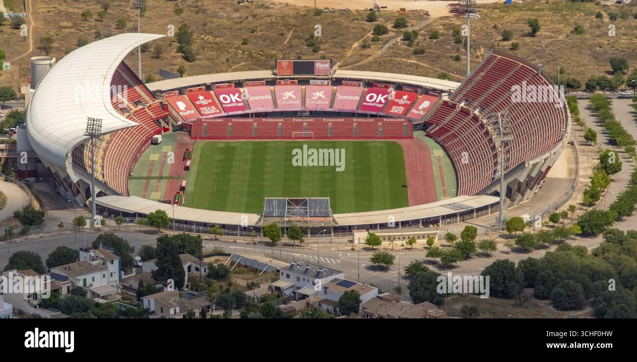 Aerial view, football stadium Estadi de Son Moix, Calvia, Majorca ...