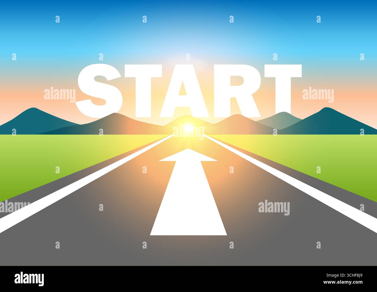 Start. Start written on asphalt road at Beautiful Sunrise and Mountain ...