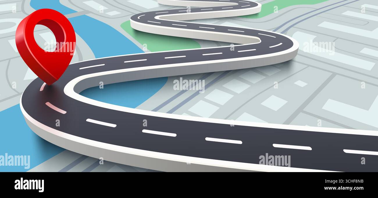 Road map with 3d location pin icon symbol or gps travel route ...