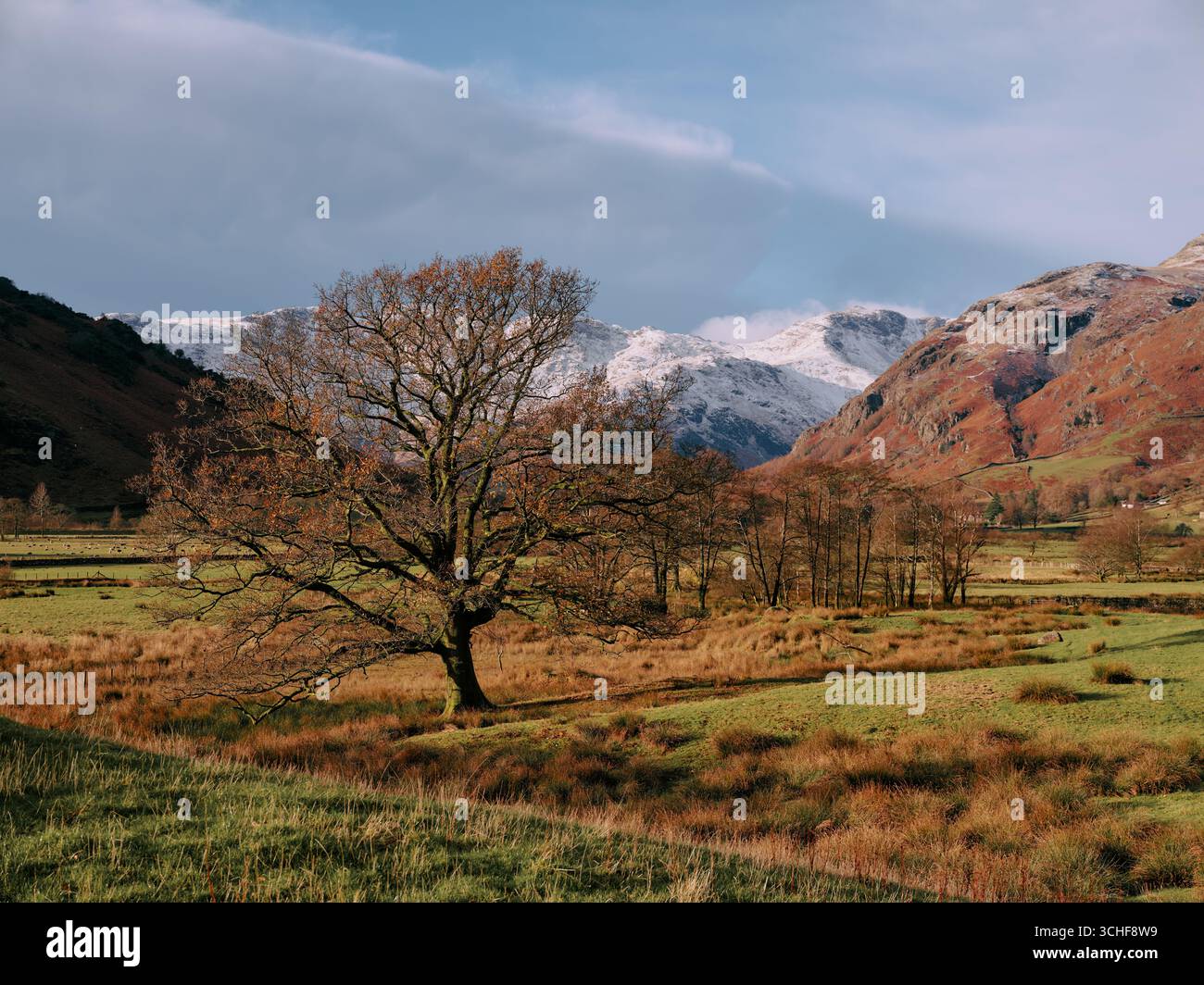 Snow on the Langdale Pikes in the winter landscape of Great Langdale ...
